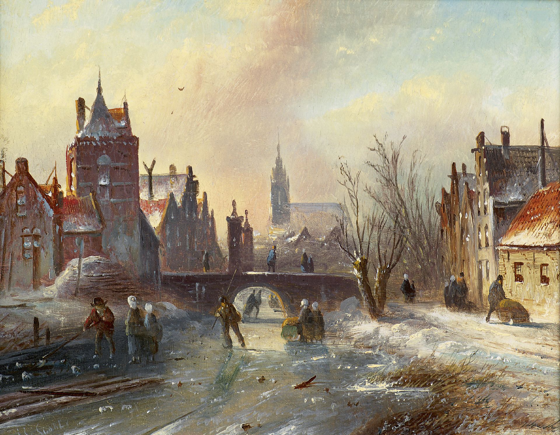 Jacob Jan Coenraad Spohler | Schilderijen vh. te Koop | Winterse stadsgracht met schaatsers
