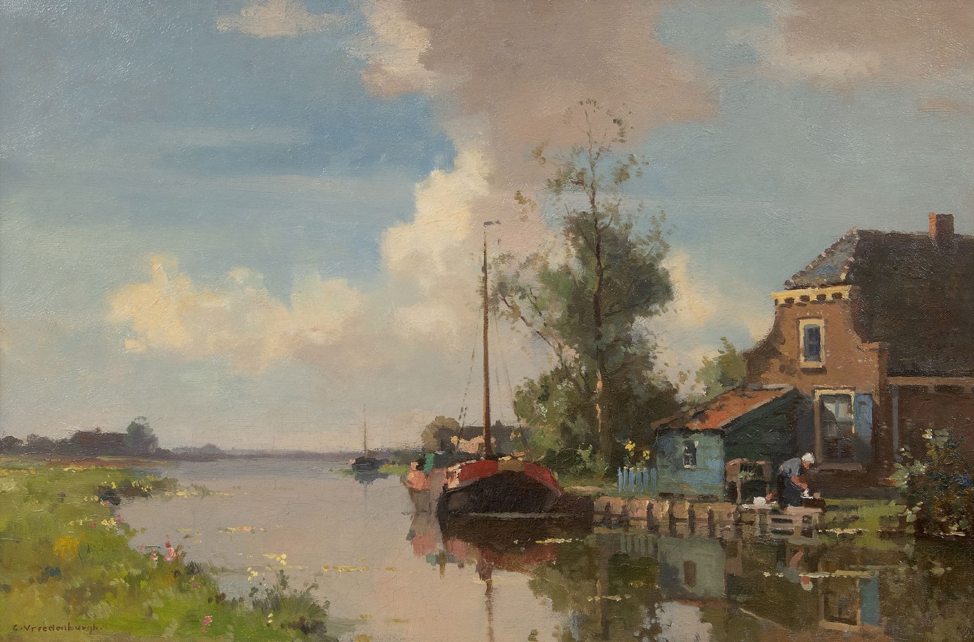 Cornelis Vreedenburgh | Paintings for Sale | A farm on the waterfront with sailing barge