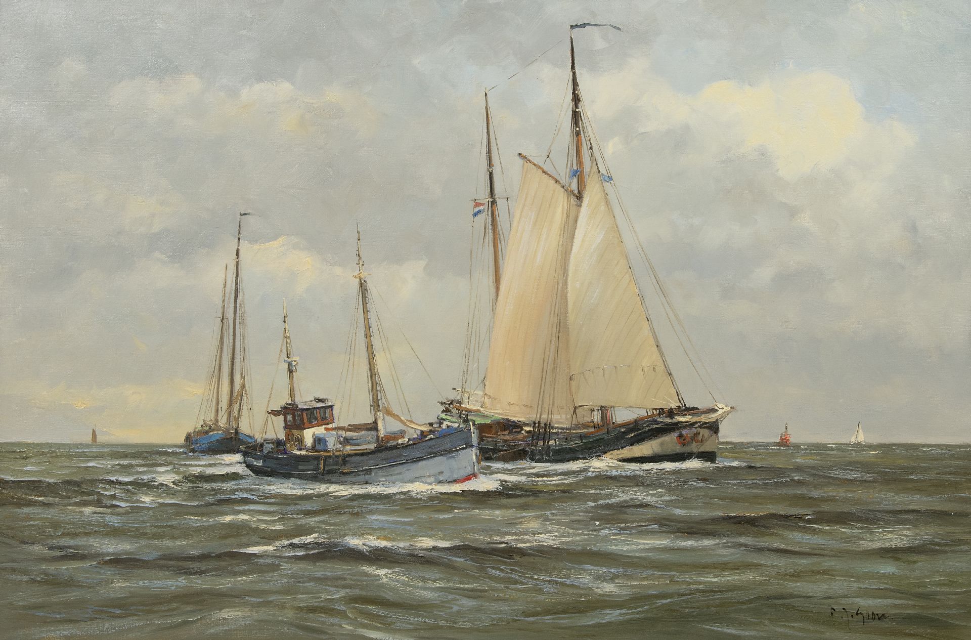 Frits Goosen | Schilderijen te Koop | Tjalk en vissersschepen op zee